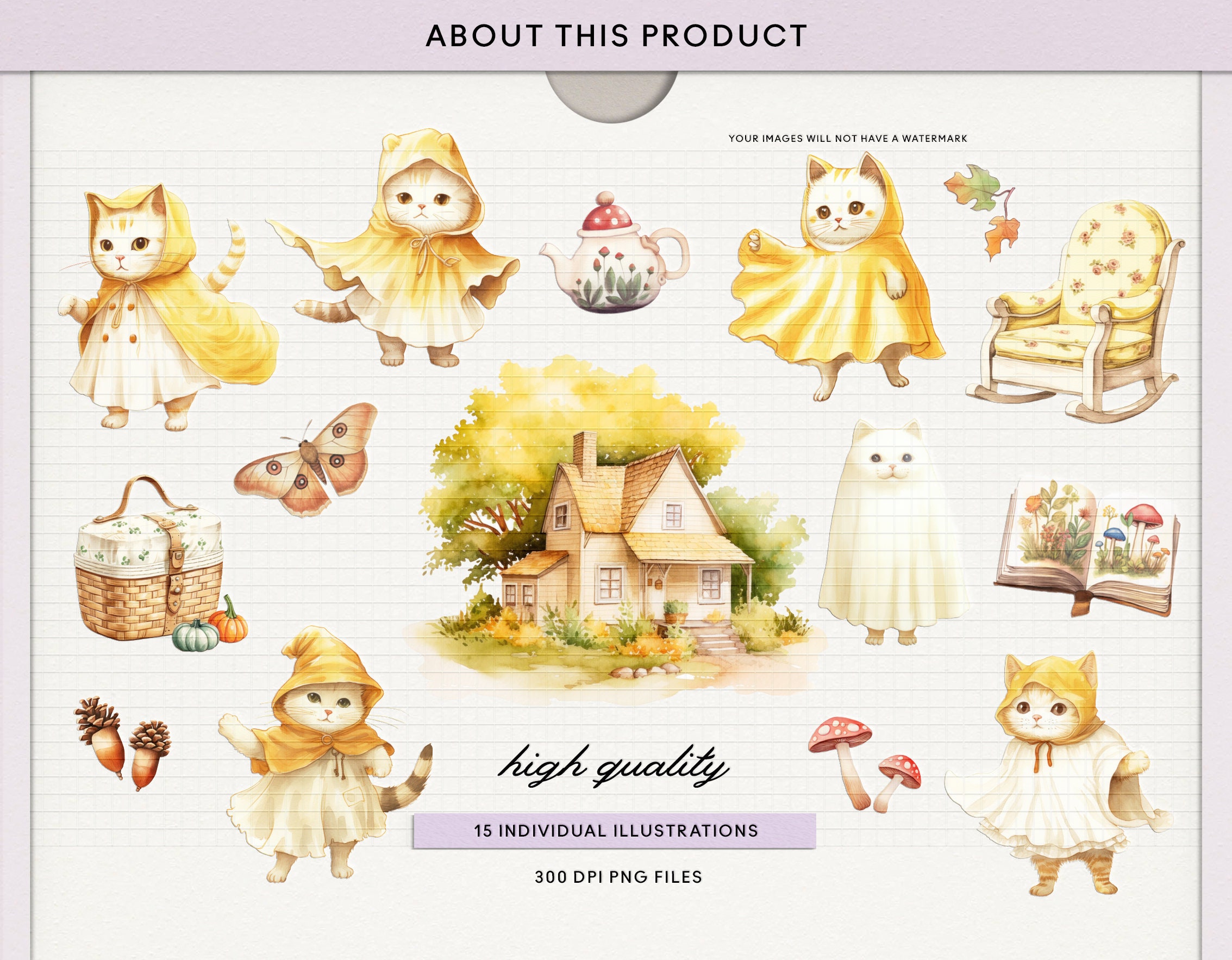 Watercolor Cat PNG Set Clipart Transparent PNG Wall Art Cottagecore Cat ...