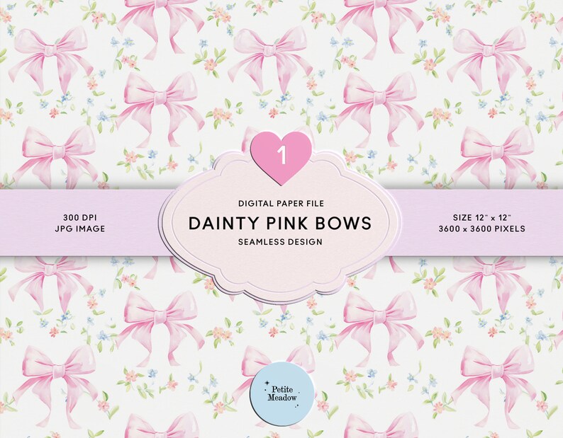 Pink Bow Floral Seamless Pattern: Pastel Ditsy Bows Digital Paper ...