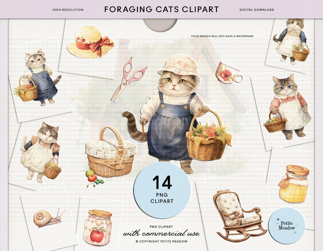 Cottage Cats PNG Set Clipart Transparent HD PNG Wall Art Vintage ...
