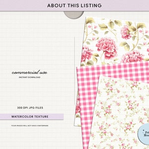Watercolor Pink Floral Digital Paper Pack, Shabby Chic Roses and ...