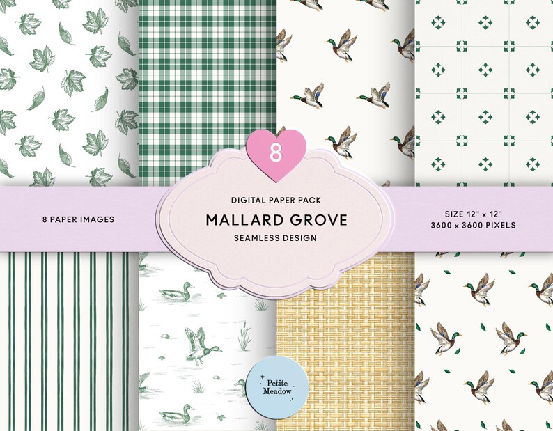 Watercolor Mallard Duck Digital Paper Pack, Countryside Ducks Seamless ...