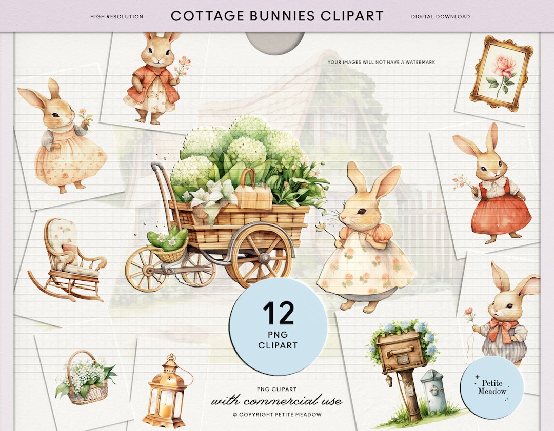 Bunny Cottage Bundle PNG Clipart Transparent PNG Wall Art Floral Cozy ...