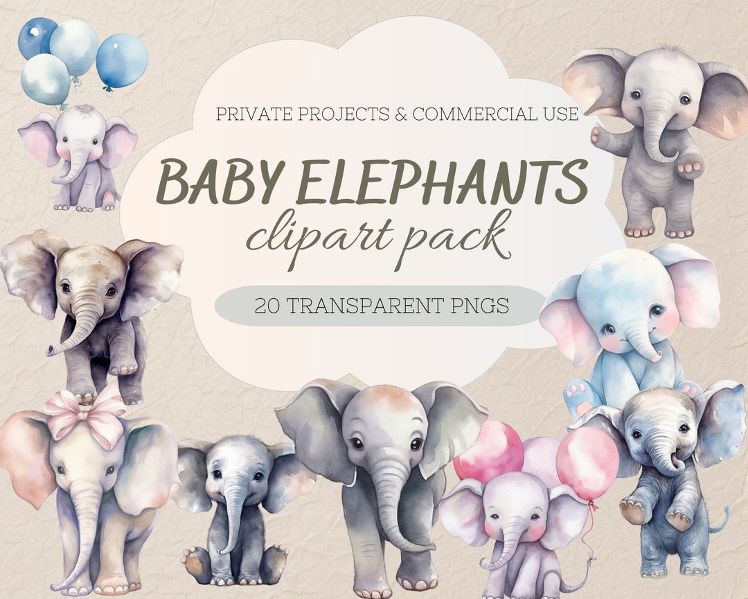 Watercolor Baby Elephant Clipart Bundle for Commercial Use Watercolor ...