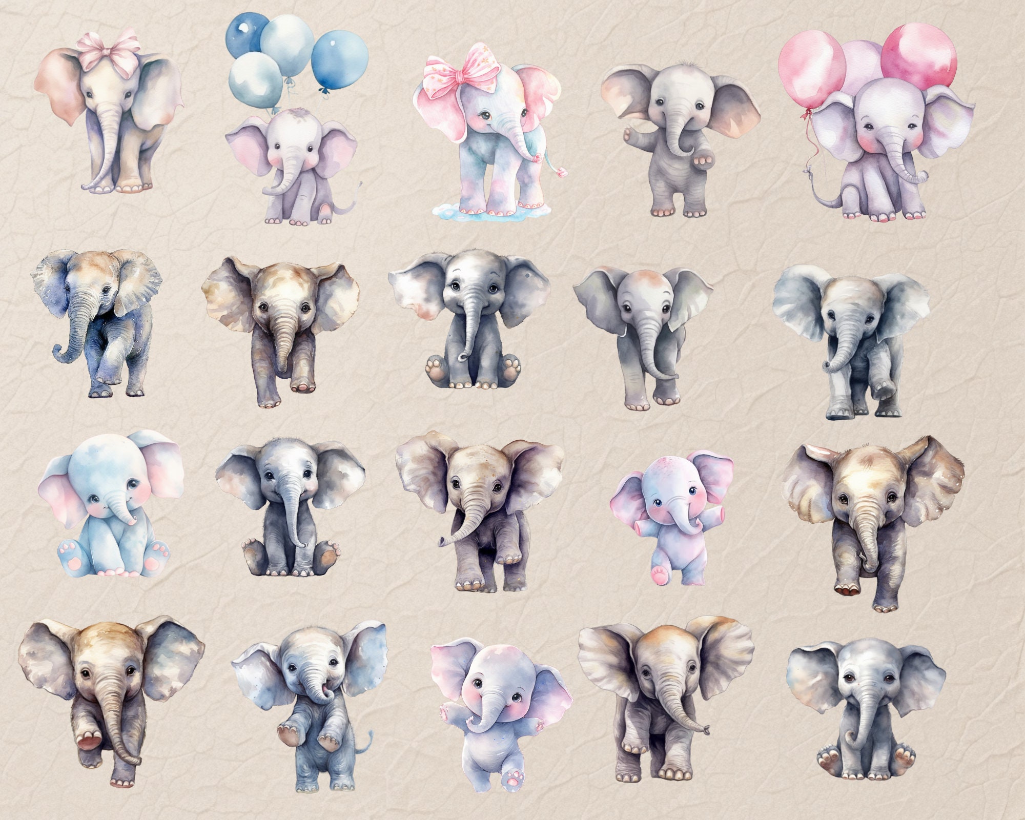 Watercolor Baby Elephant Clipart Bundle for Commercial Use Watercolor ...