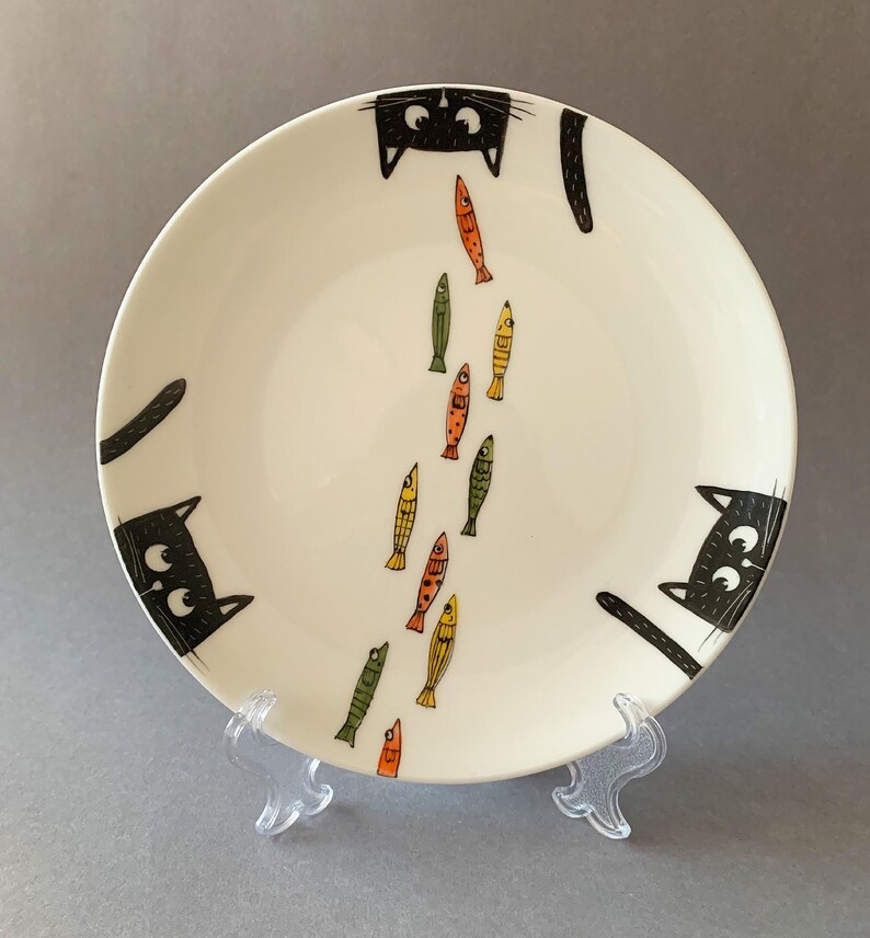 Porcelain Cat Dish, Whimsical Cat Lover Plate, Size 7 Inch, Modern ...