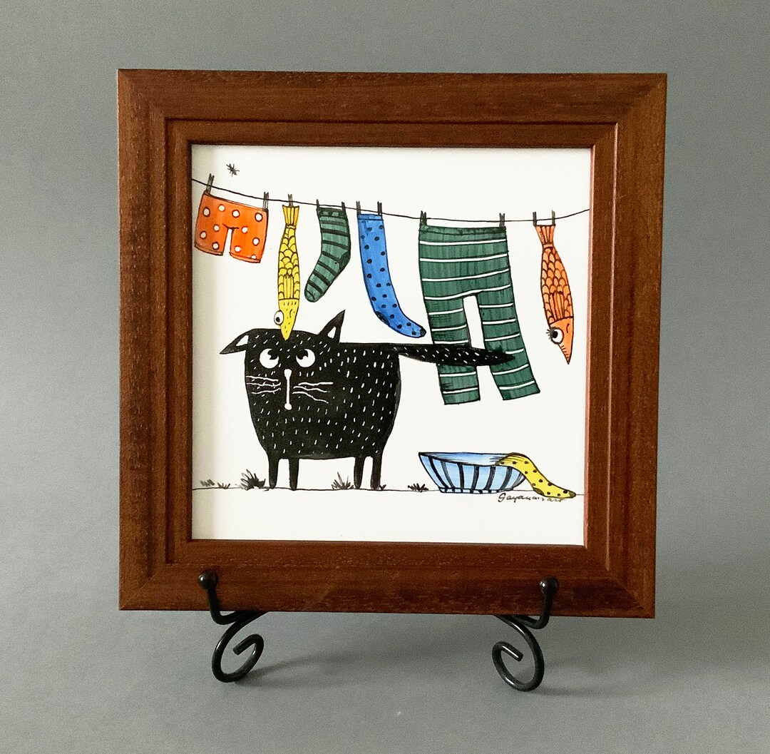 Ceramic Hand Painted Tile Art, Funny Black Cat, Ceramic Tile Art, Tile ...