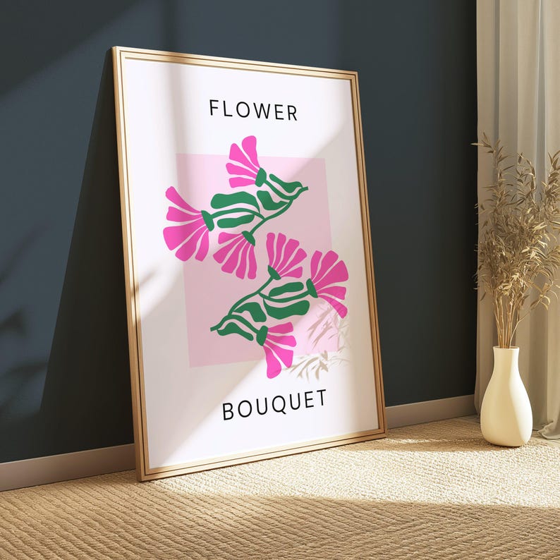 Flower Bouquet Print, Floral Wall Art, Pink and Green Flower Poster ...