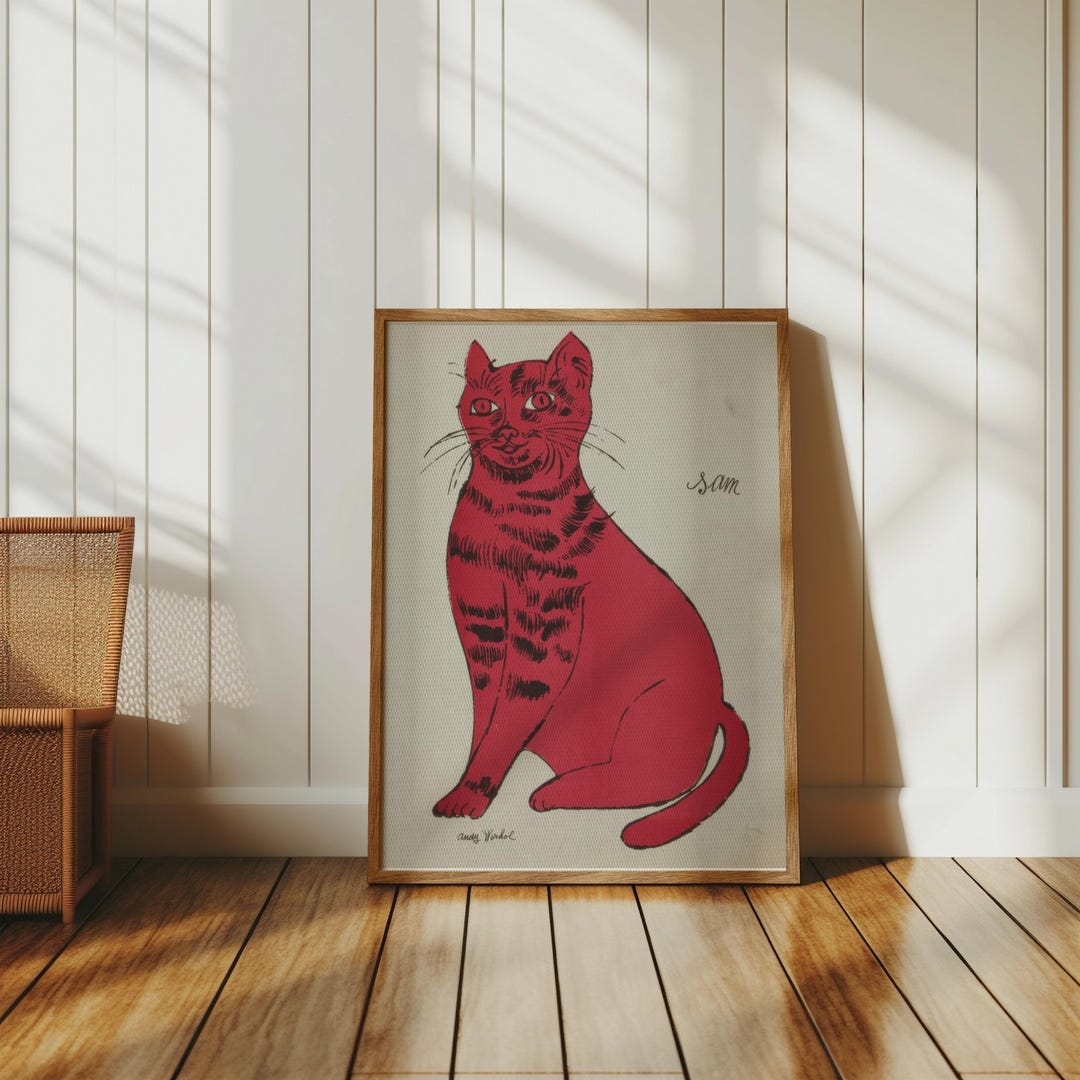 Vintage Cat Poster, Retro Wall Art, Red Feline Print, Cat Illustration ...