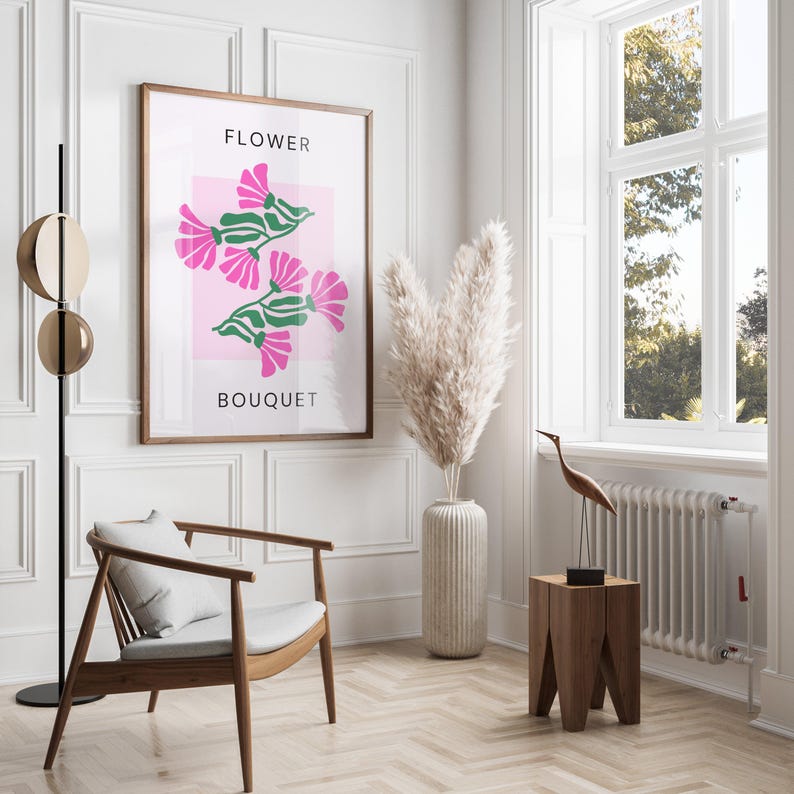 Flower Bouquet Print, Floral Wall Art, Pink and Green Flower Poster ...