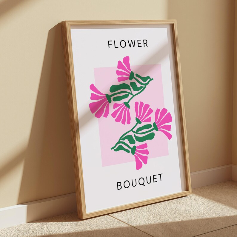 Flower Bouquet Print, Floral Wall Art, Pink and Green Flower Poster ...