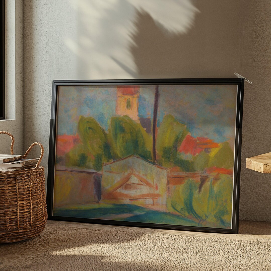 Vintage Style Church Poster, Colorful Landscape Art Print, Historical ...