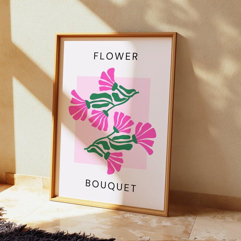 Flower Bouquet Print, Floral Wall Art, Pink and Green Flower Poster ...