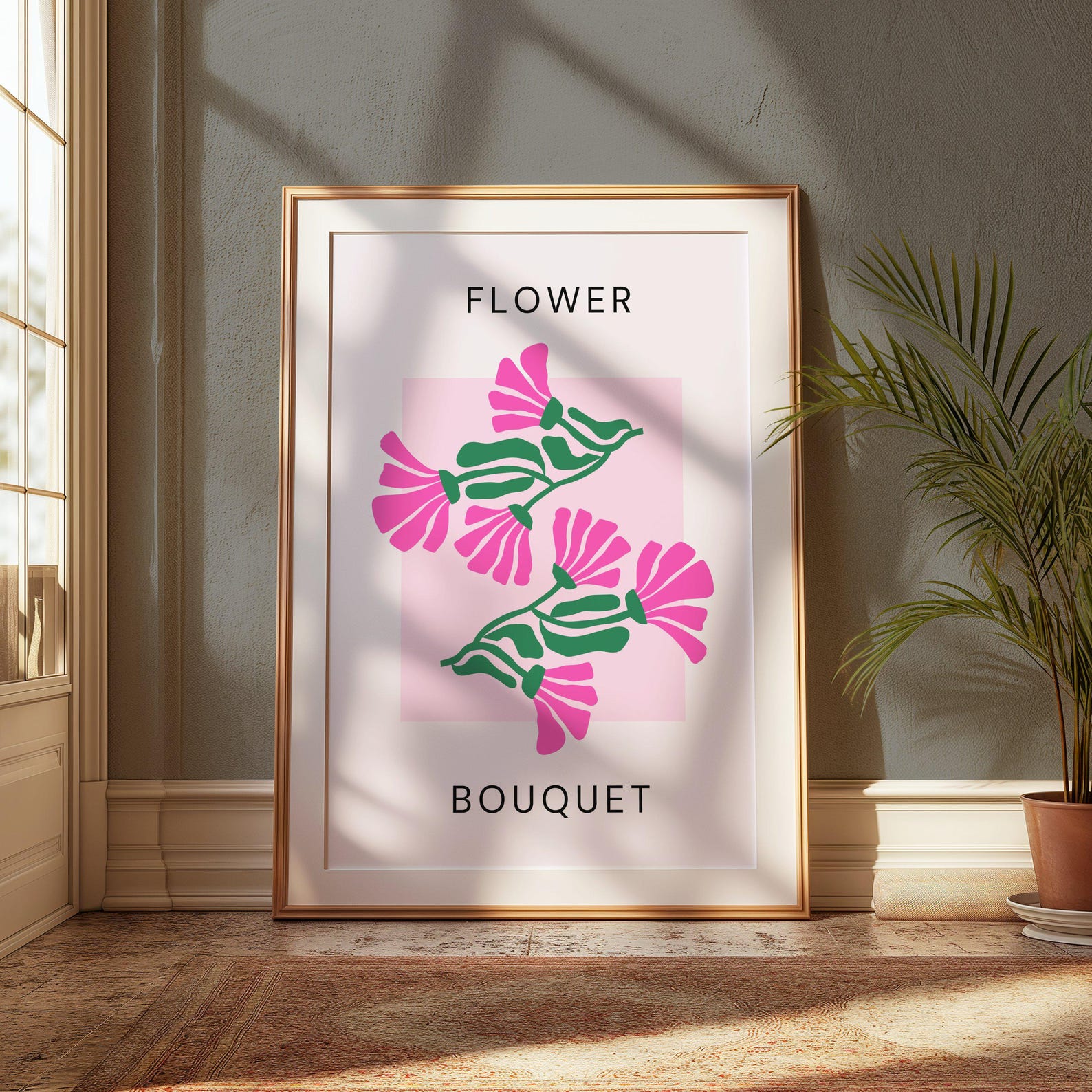 Flower Bouquet Print, Floral Wall Art, Pink and Green Flower Poster ...