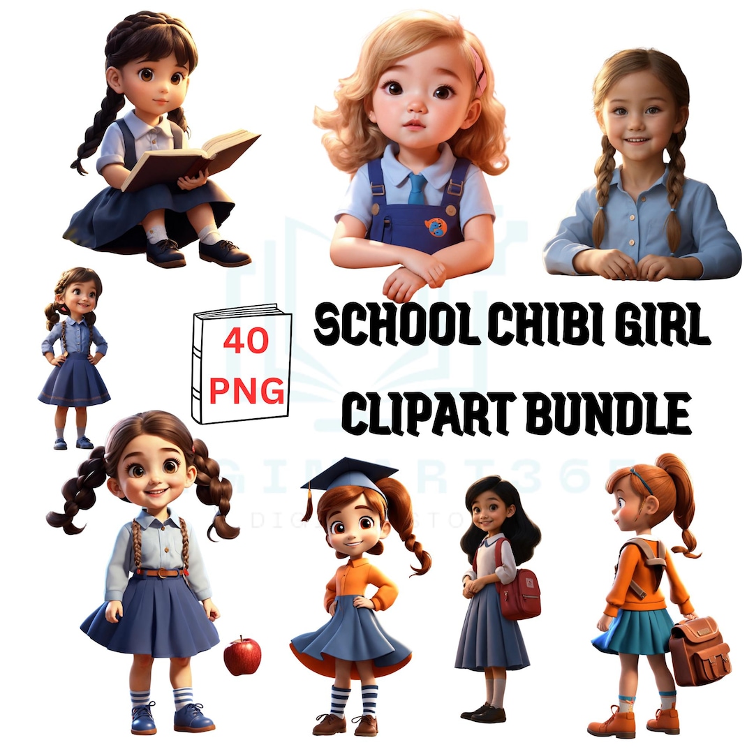 40 Cute School Girl Clipart Bundle- White Chibi Girl Clipart, Back to ...