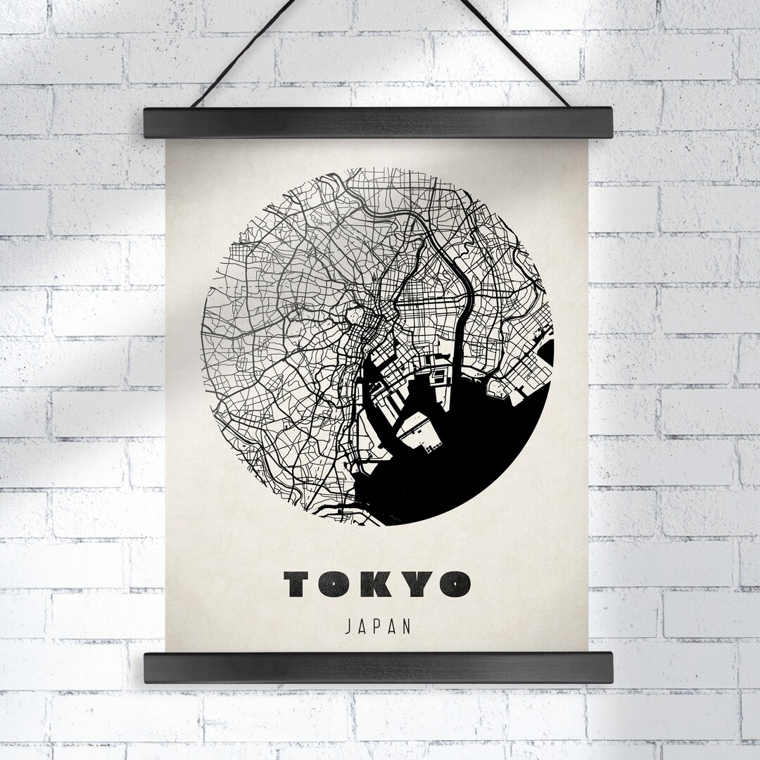 Tokyo City Map Poster Magnetic Wooden Poster Rail Vintage Style City ...
