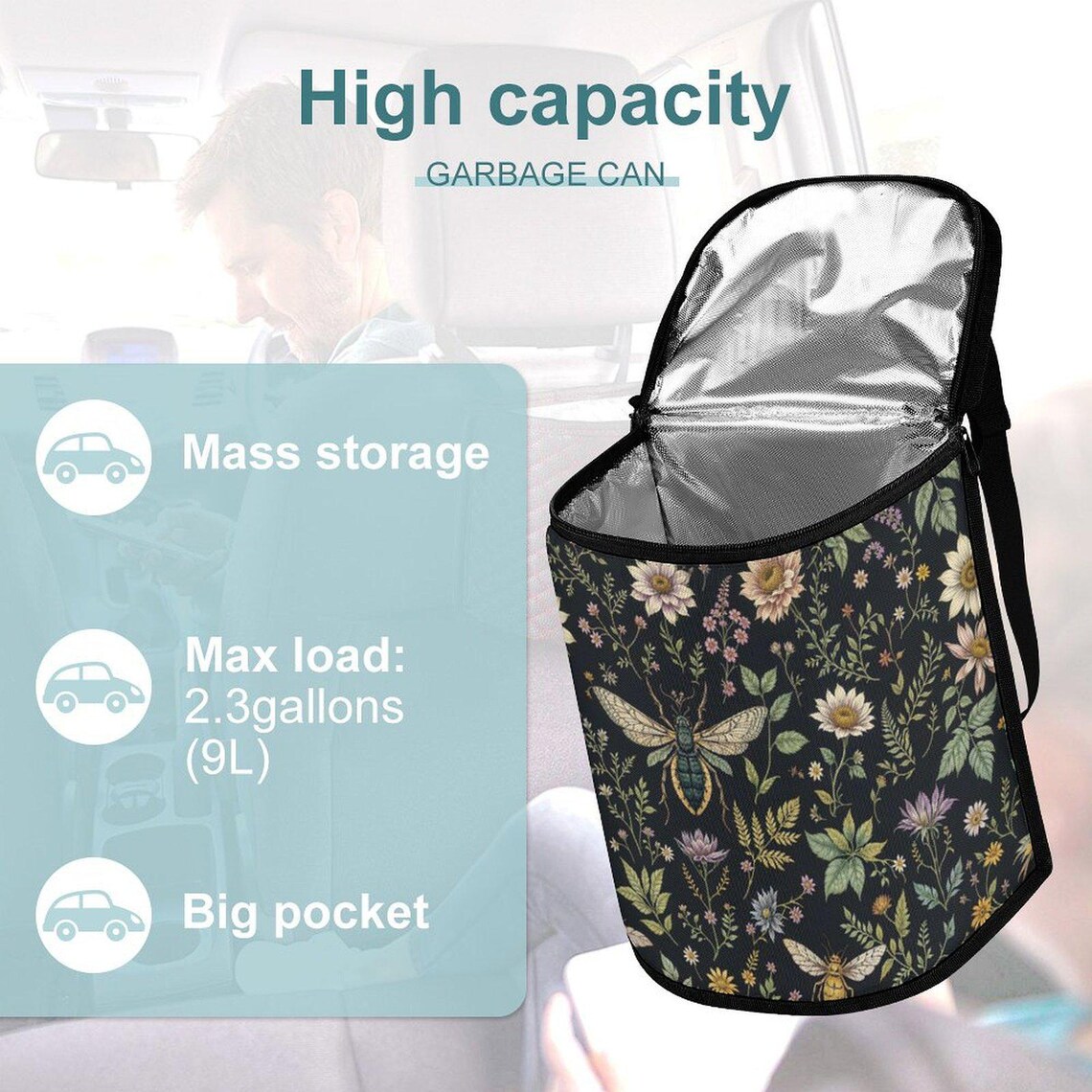 Green Wildflower Floral Car Trash Bag, Boho Witchy Aesthetic Reusbale ...