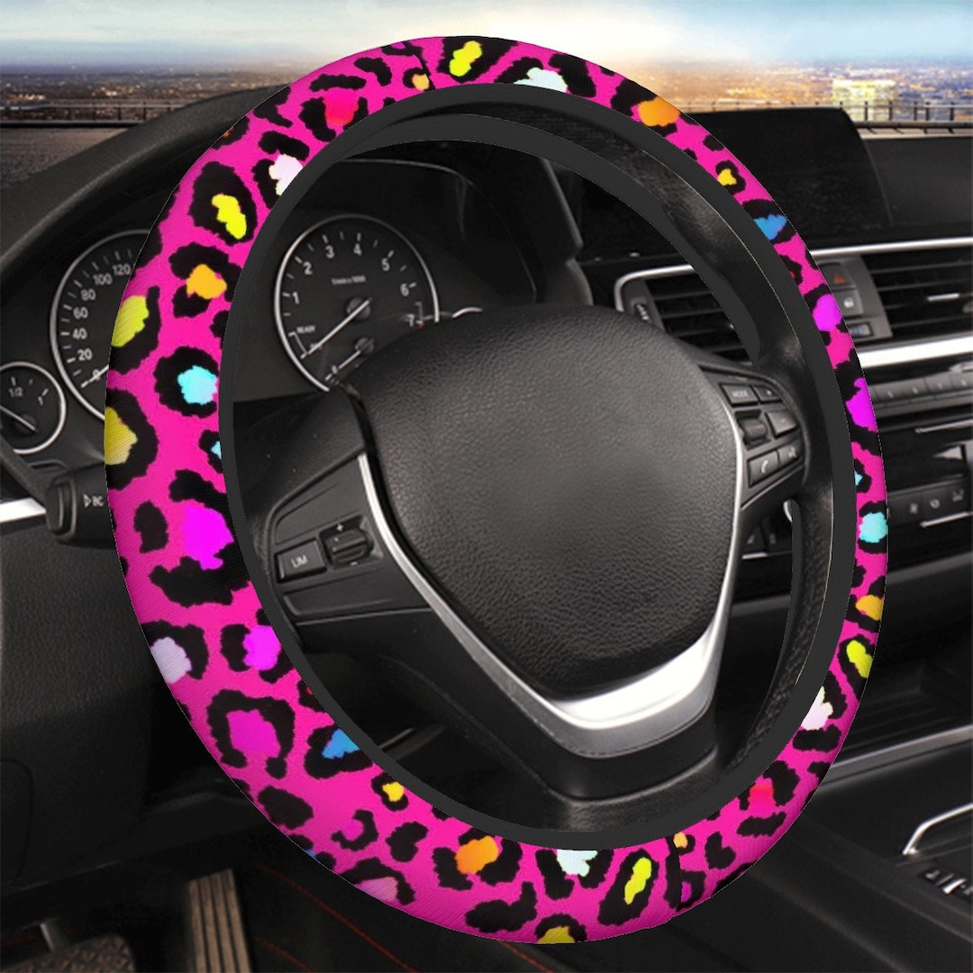 Pink Rainbow Leopard Car Steering Wheel Covers, Hippie Animal Print ...