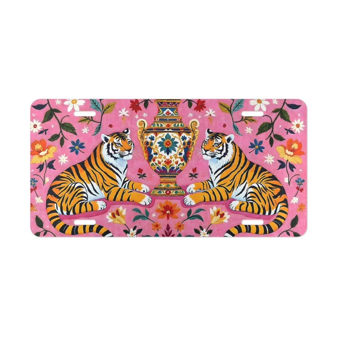 Pink Tiger Floral Car Front License Plate, License Tag, Painting ...