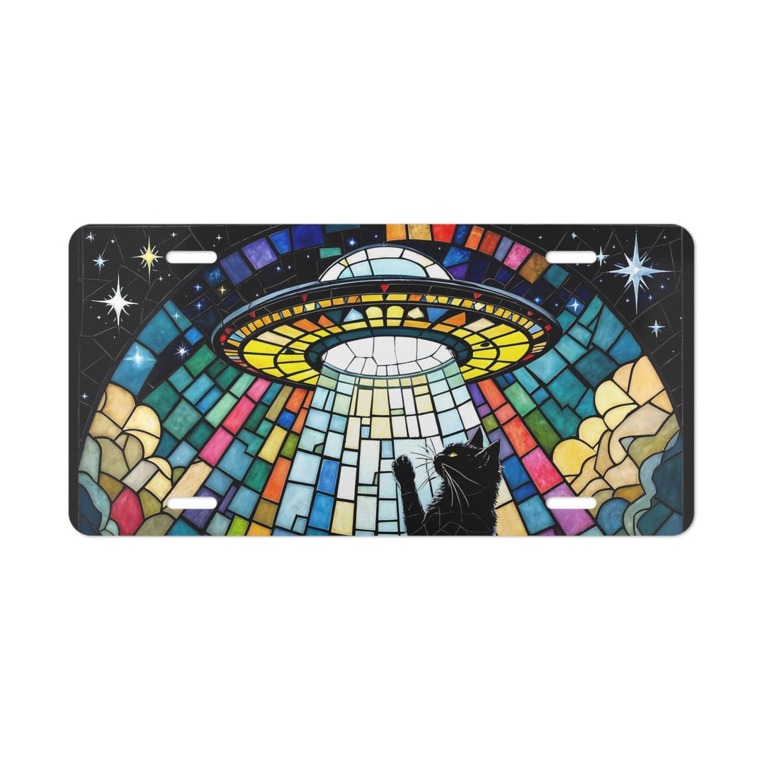 Black Cat UFO Stained Glass Mosaic Car Front License Plate, License Tag ...