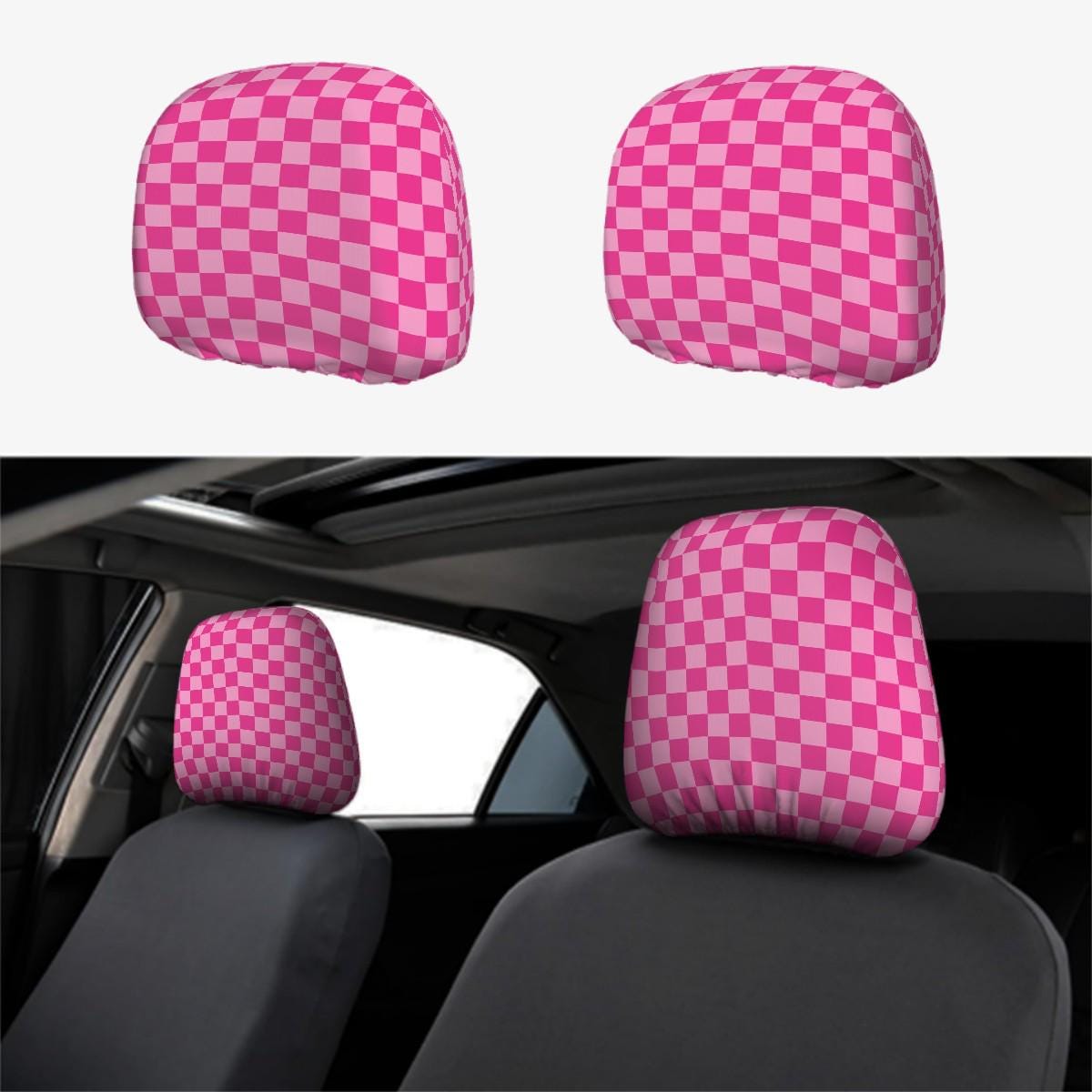 Pink Checker Headrest Covers Set of 2, Racer Retro Girly Car ...