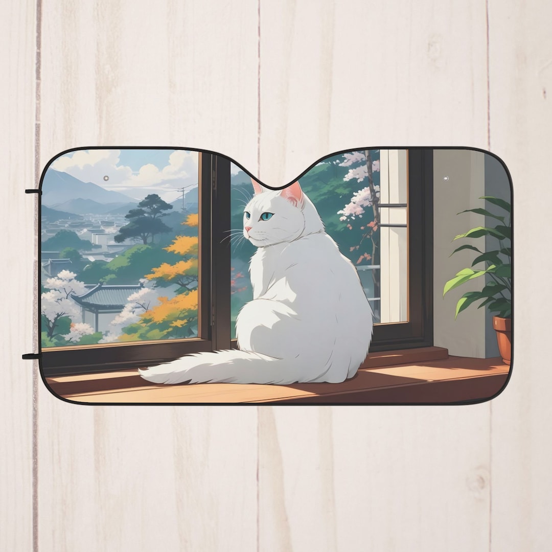 White Anime Cat Car Sun Shades, Cute Car Decor, Kawaii Ragdoll Car ...