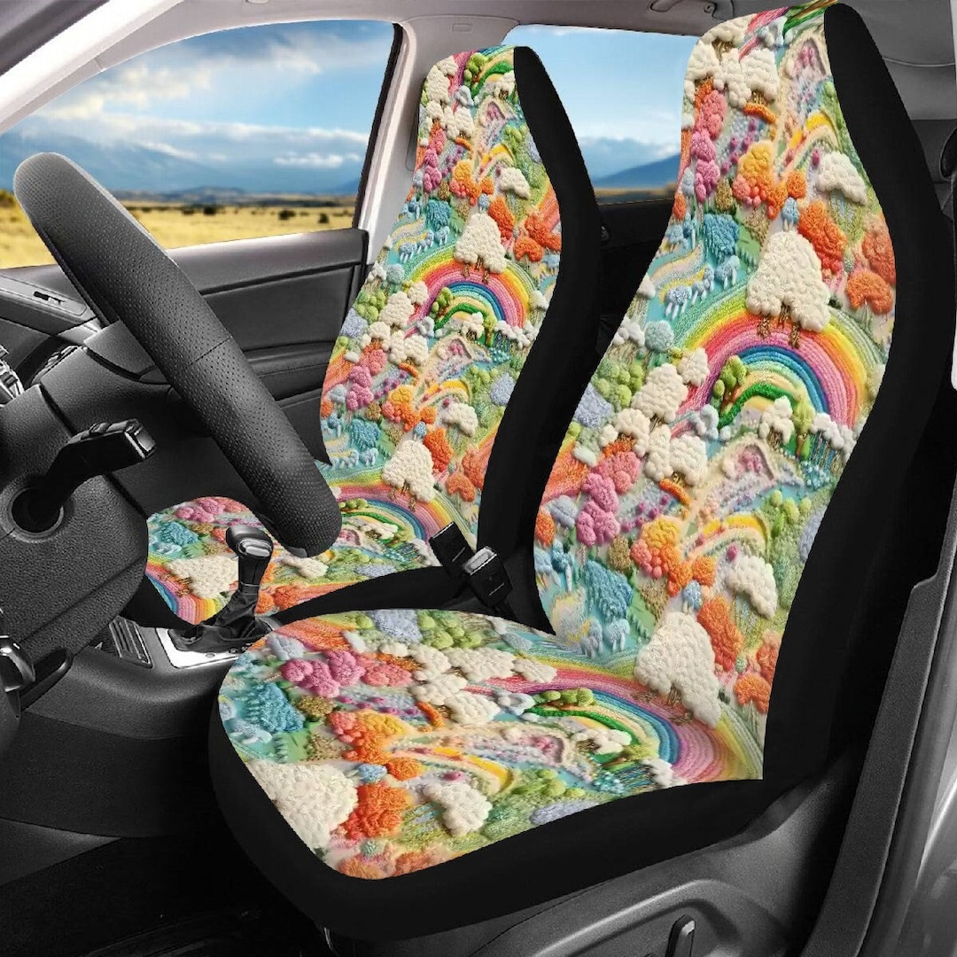 Rainbow Garden Faux Embroidery Car Seat Covers, Faux Knitted Nature Car ...