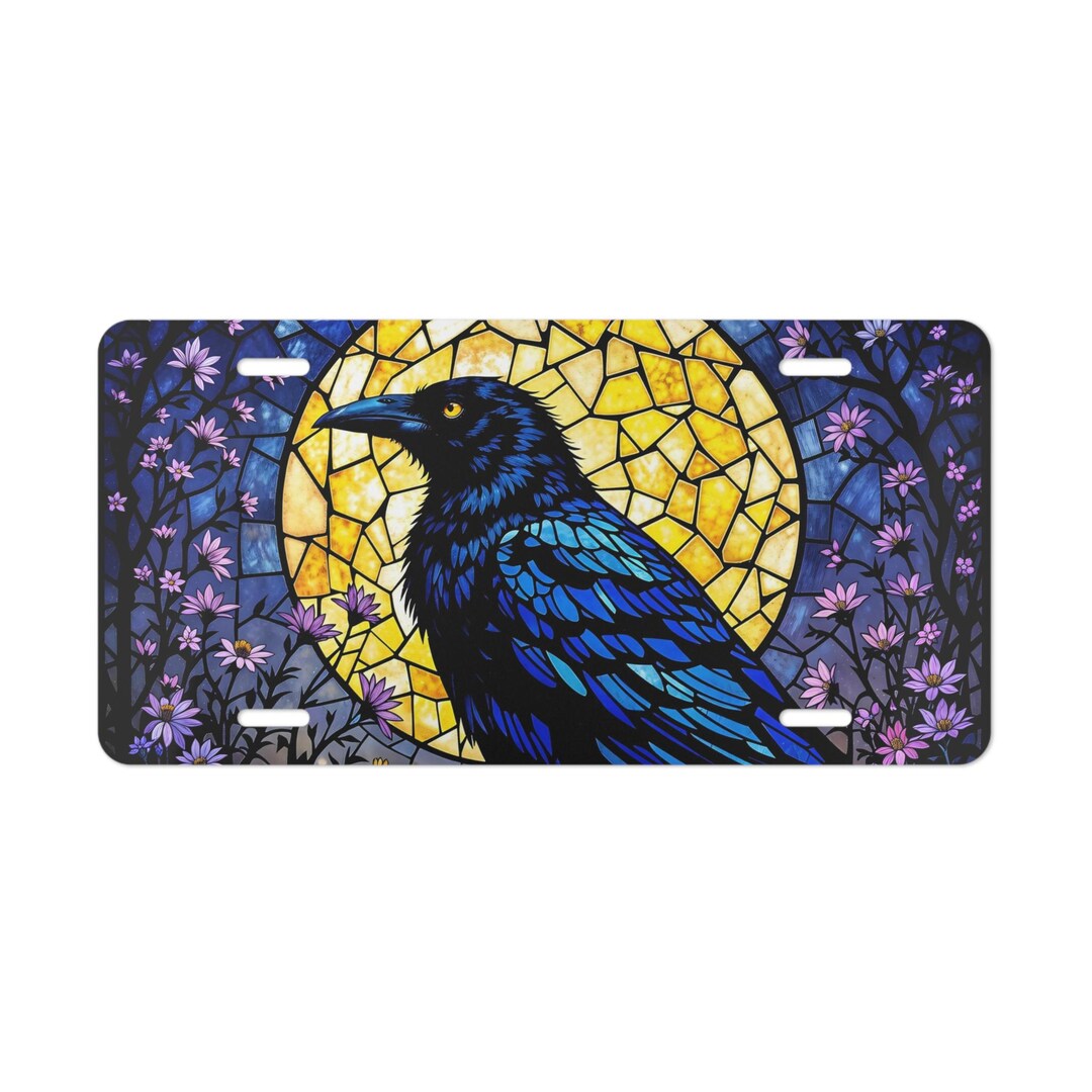 Raven Moon Stained Glass Mosaic Car Front License Plate, Wildflower ...