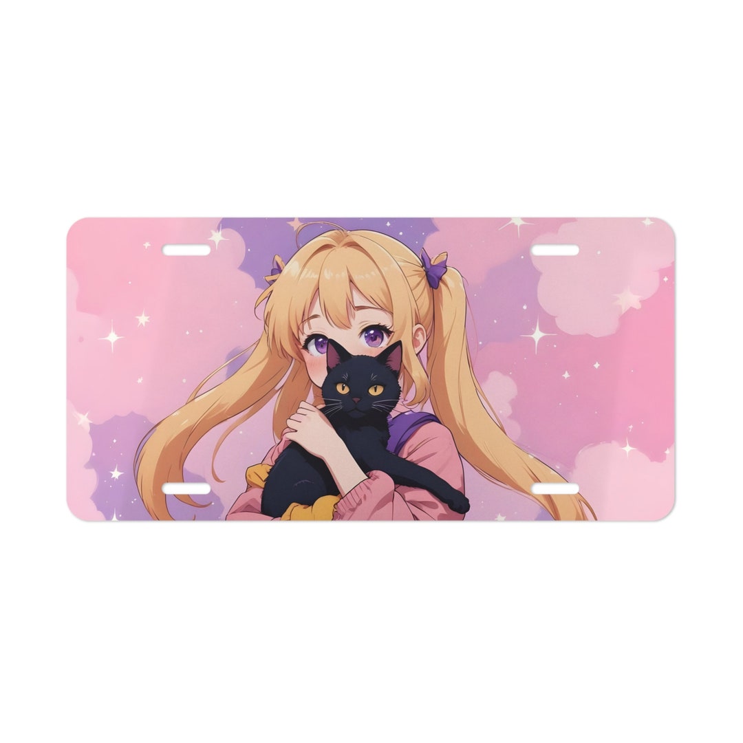 Pink Anime Black Cat Front License Plate, Kawaii Vanity Plate, Cute Car ...