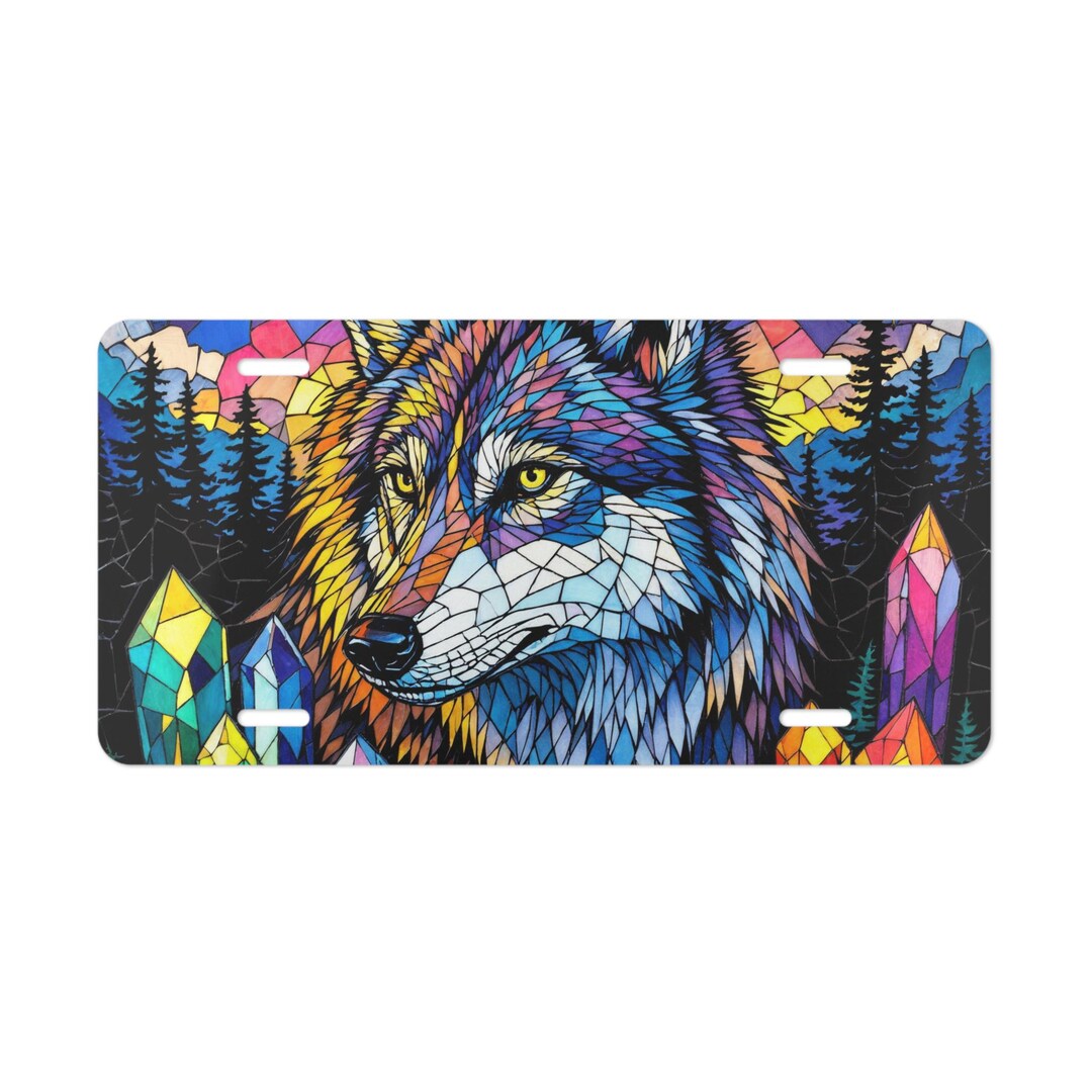 Wolf Crystal Stained Glass Mosaic Car Front License Plate, Gemstone ...