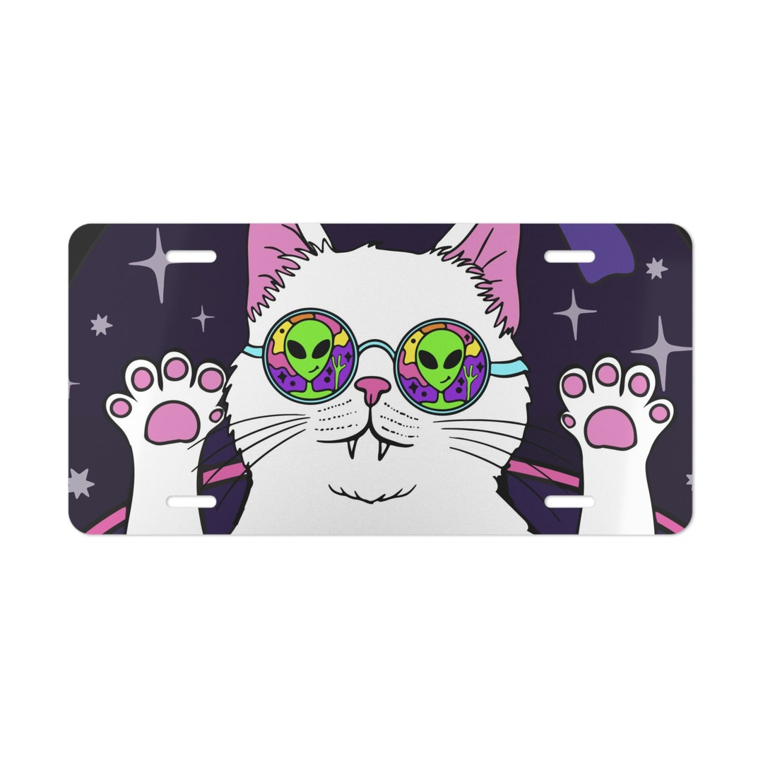 Alien Space Cat Front License Plate, Hippie Kawaii Vanity Plate, Cute ...