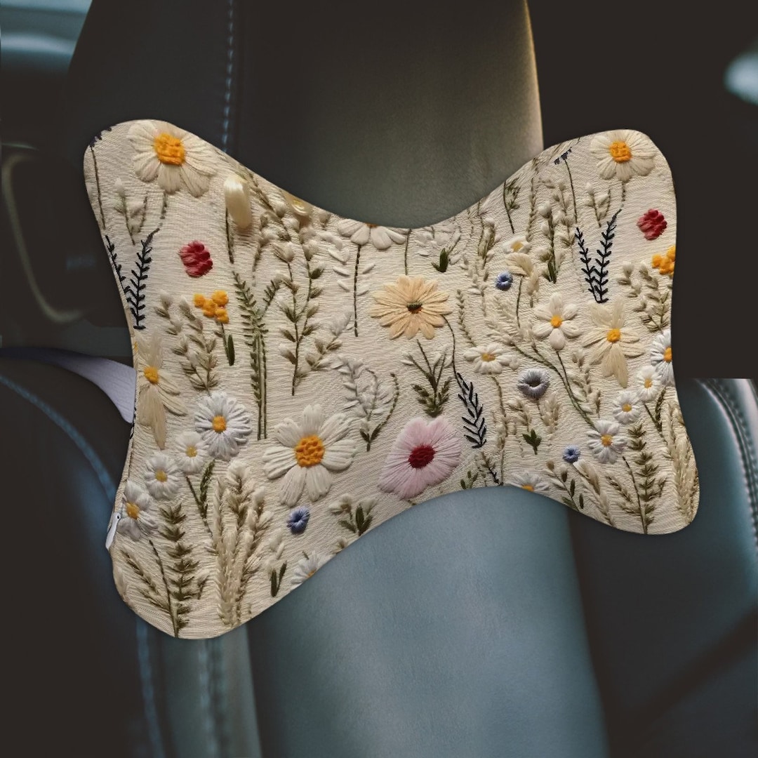 Wildflowers Faux Embroidery Car Headrest Pillows, Knit Car Seat Neck ...
