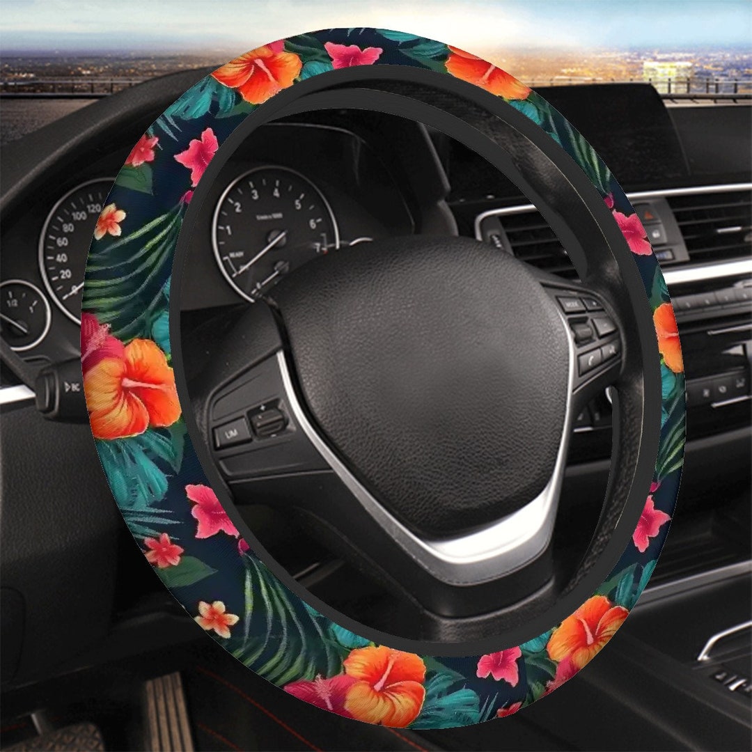 Tropical Floral Car Steering Wheel Covers, Colorful Hawaiian Flower Car ...