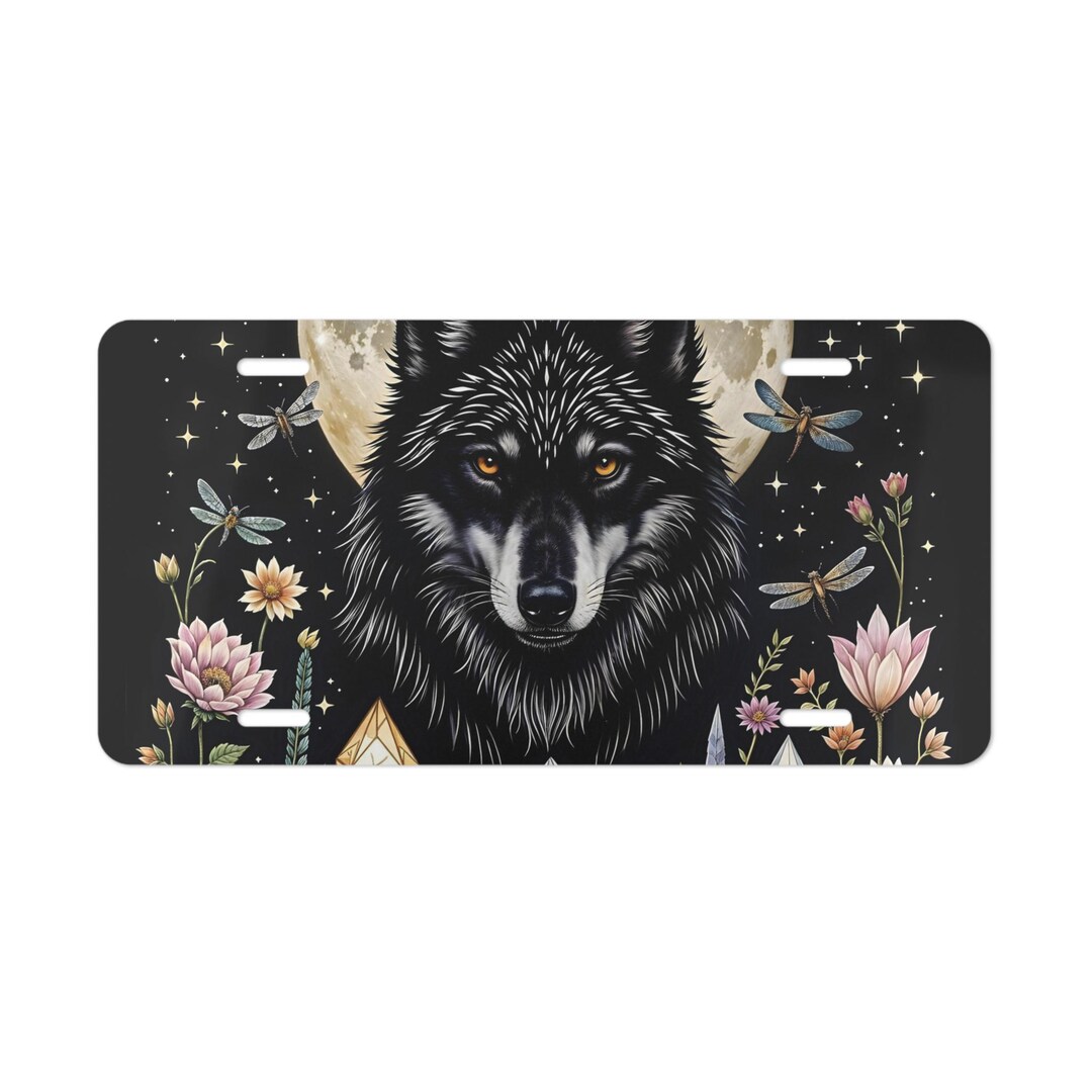 Black Wolf Moon Front License Plate, Dragonfly Wildflower Vanity Plate ...