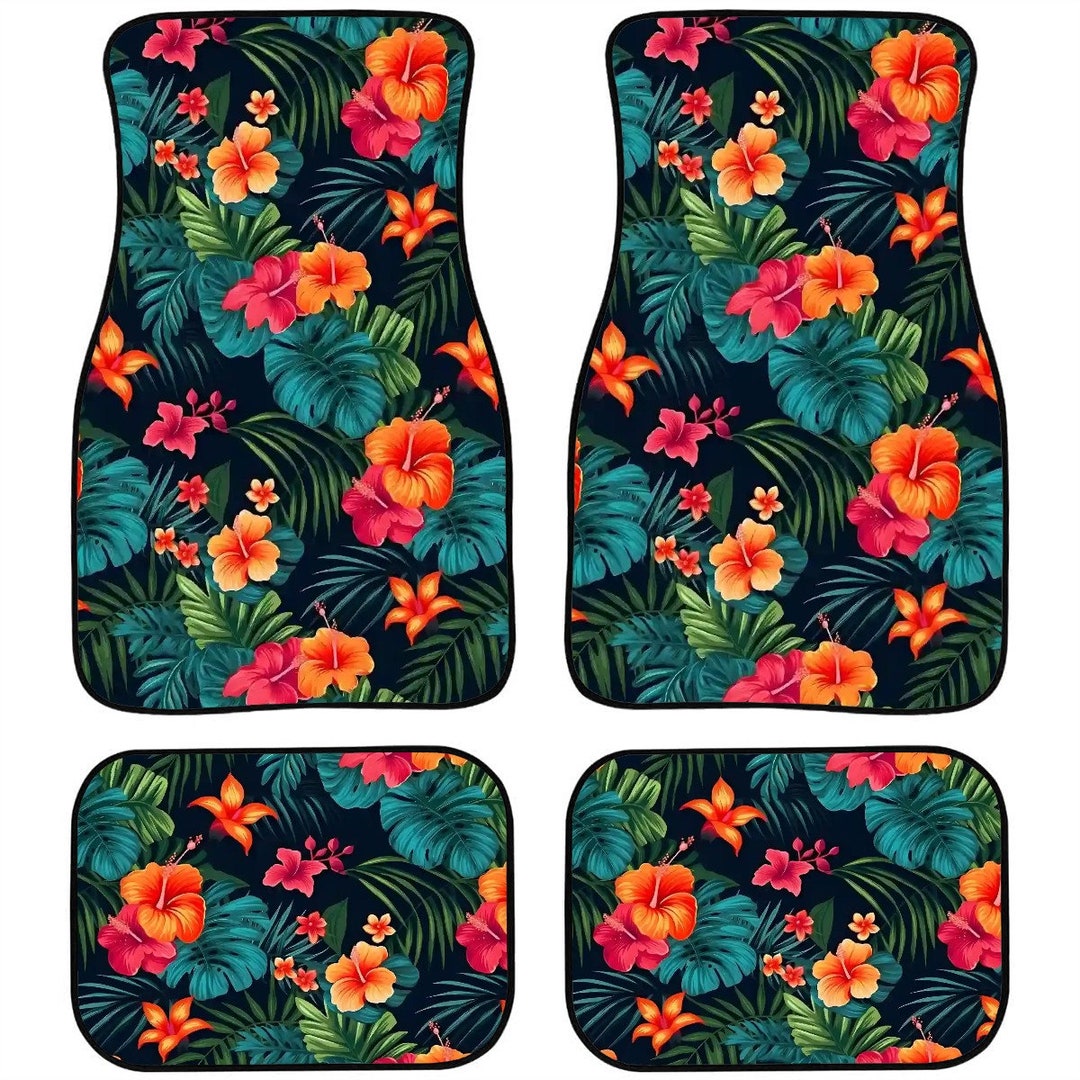 Tropical Flowers Car Floor Mats, Colorful Hawaiian Floral Print Car ...