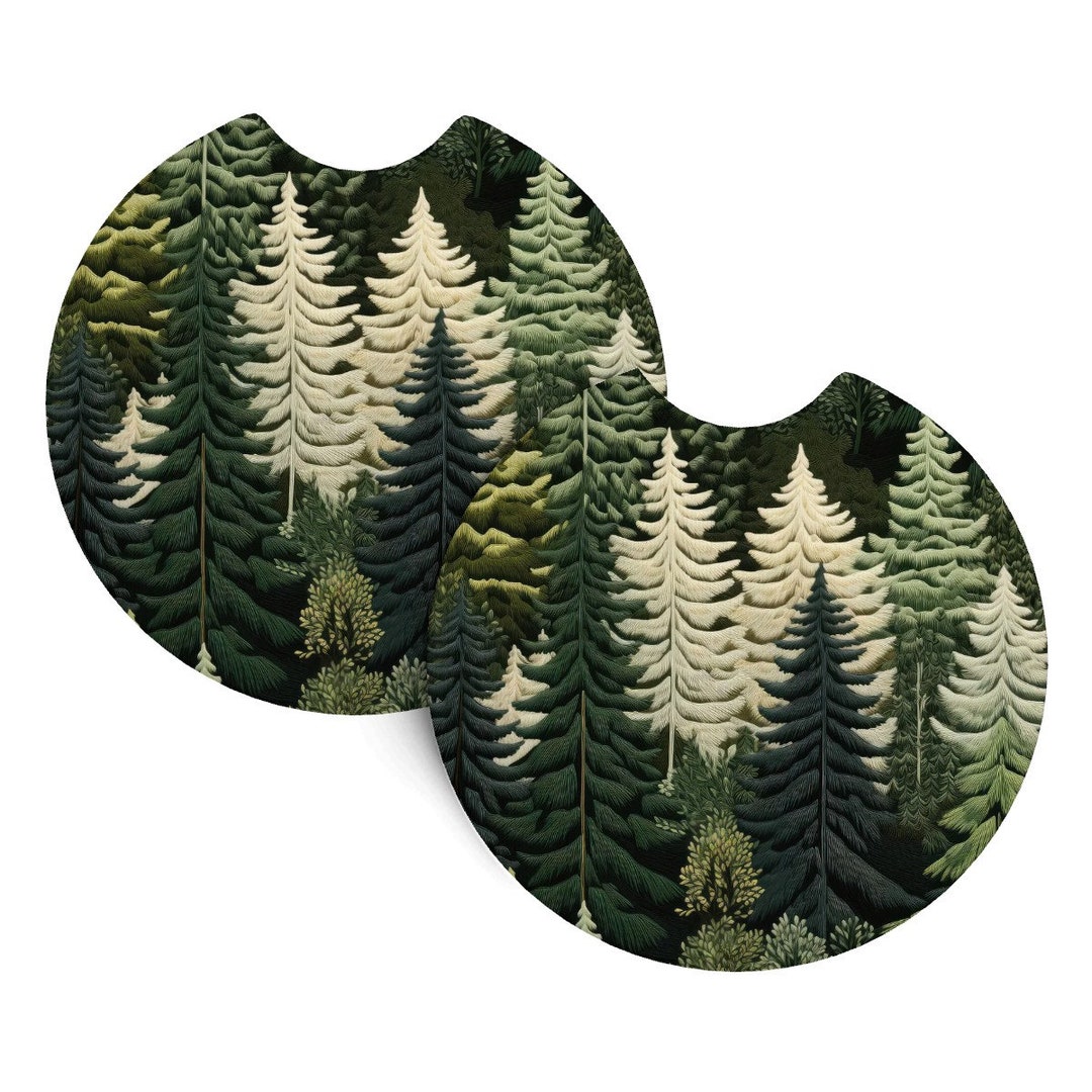 Faux Embroidery Tree Car Coasters, Green Nature Pattern Car Cup Holders ...