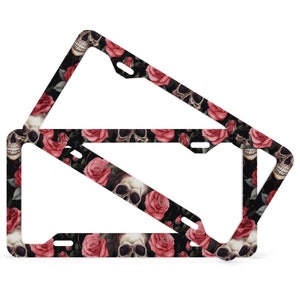 Skulls Red Rose License Plate Frame, Cute Car Decor, Black Gothic ...