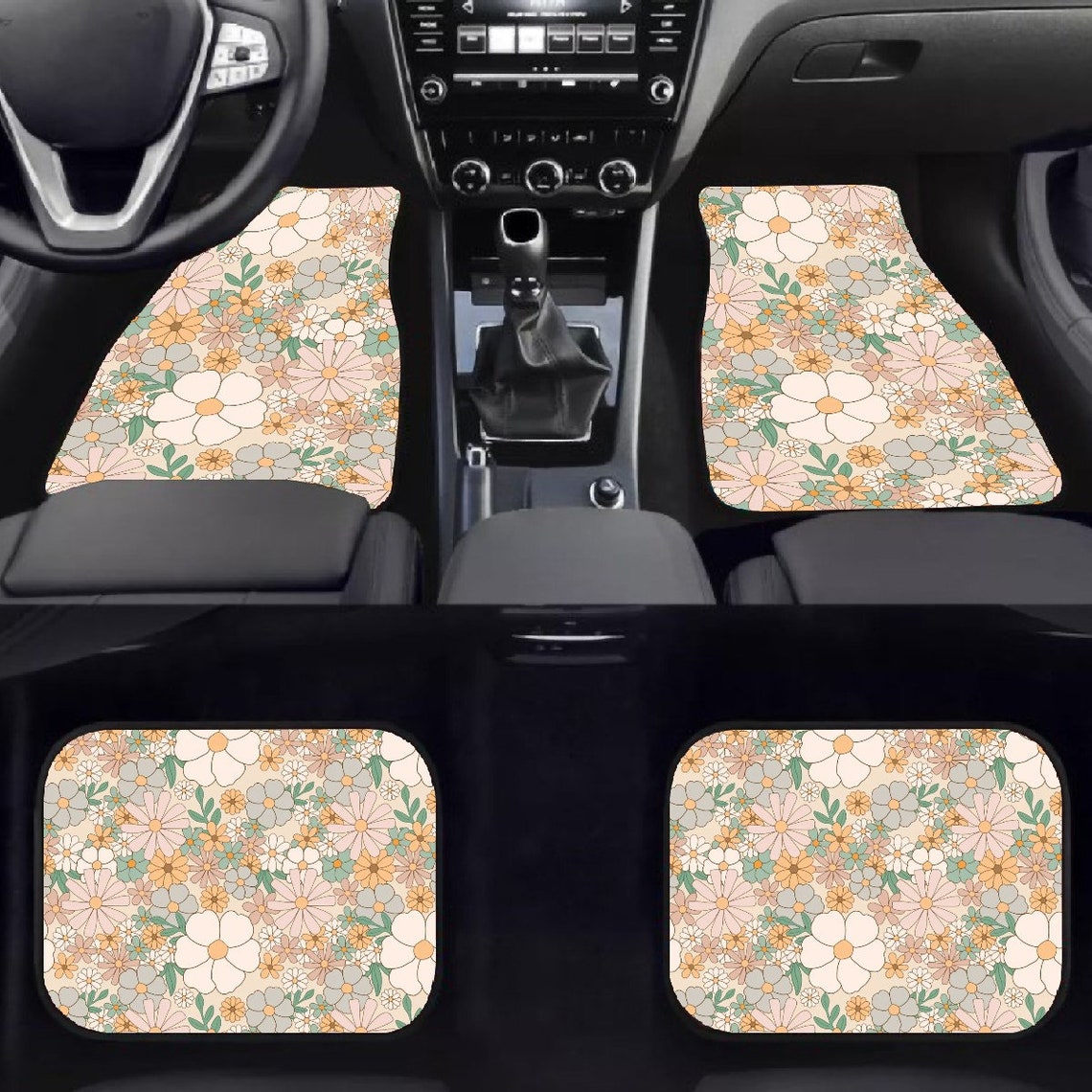 Hippie Floral Car Floor Mats, Nature Flower Print Car Accessories, Gift ...