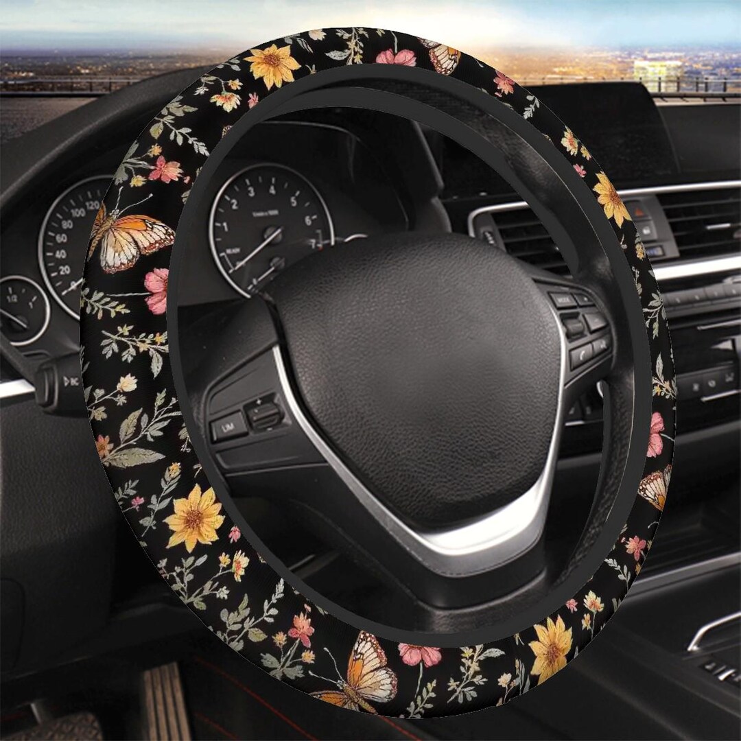Black Floral Car Steering Wheel Covers, Wildflower Car Accessories for ...