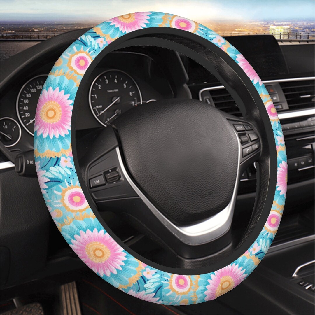 Blue Bohemian Flower Pattern Car Steering Wheel Cover, Hippie Floral ...