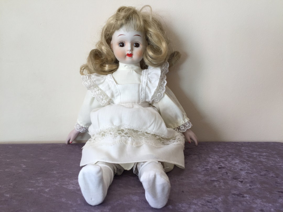 Vintage Porcelain Doll in a White Gown, Baby Doll, Old Puppet Doll ...