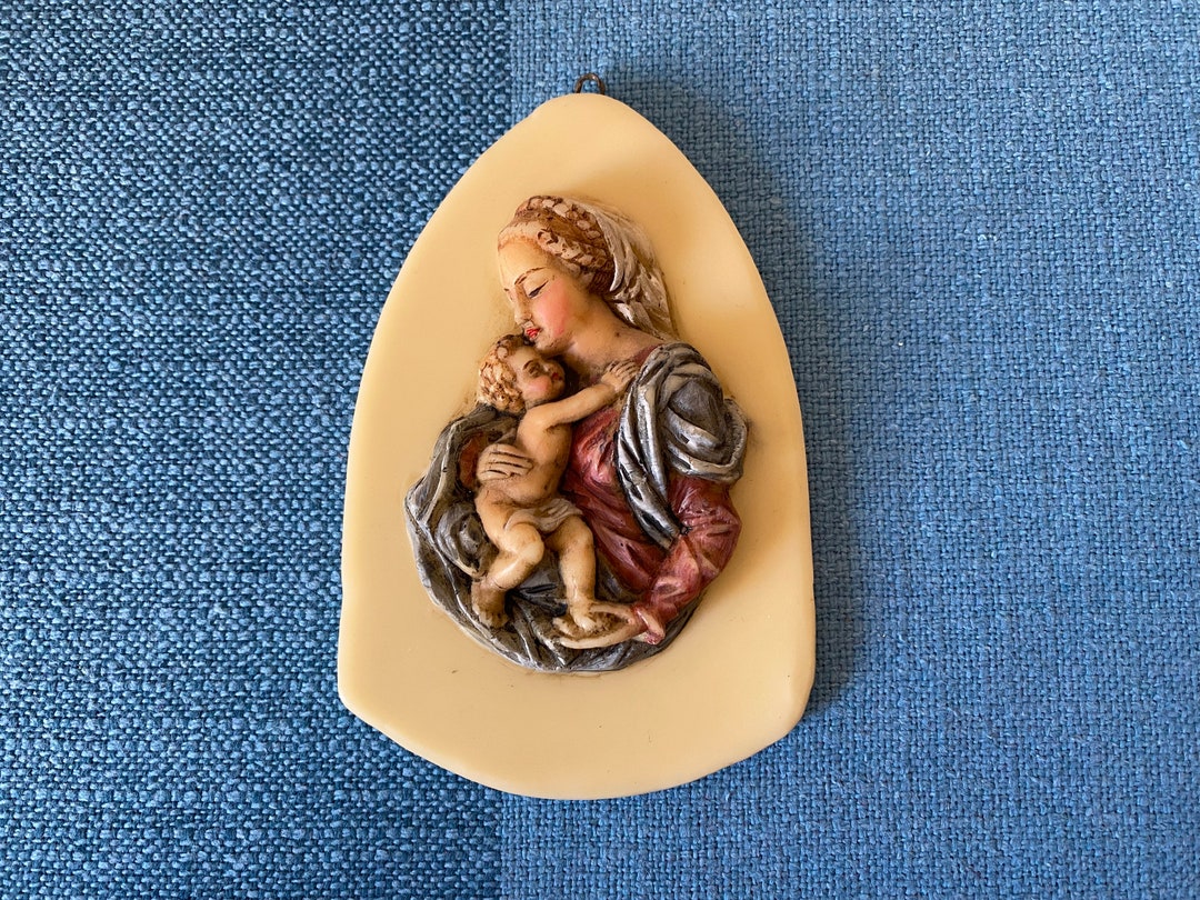 Vintage Religious Wax Plaque, Catholic Art, Wax Ornament, Madonna With ...