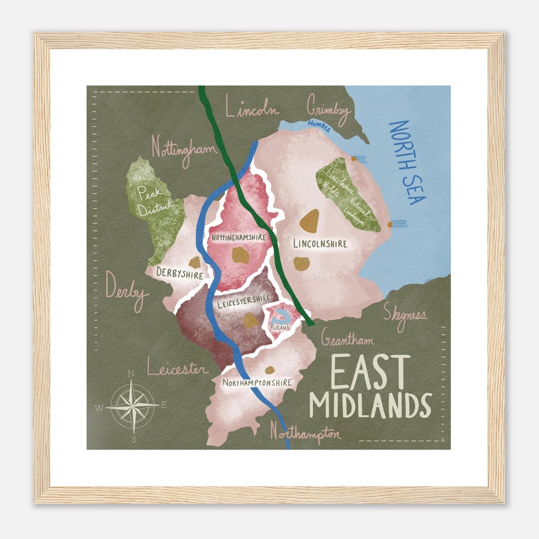 Vintage-style East Midlands Illustrated Map in Wooden Frame – Home ...