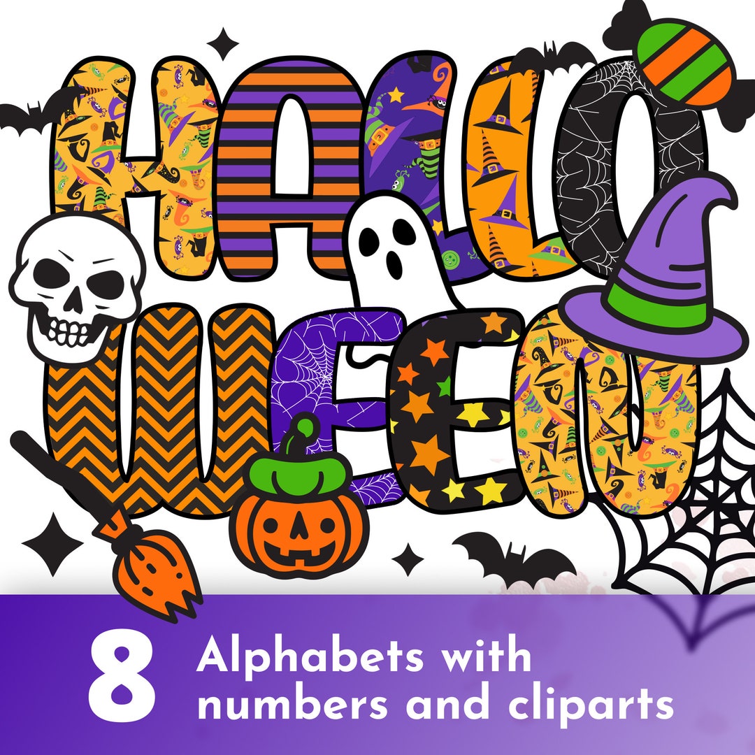 8 Set Halloween Letters and Numbers With Clipart PNG, Digital Download ...