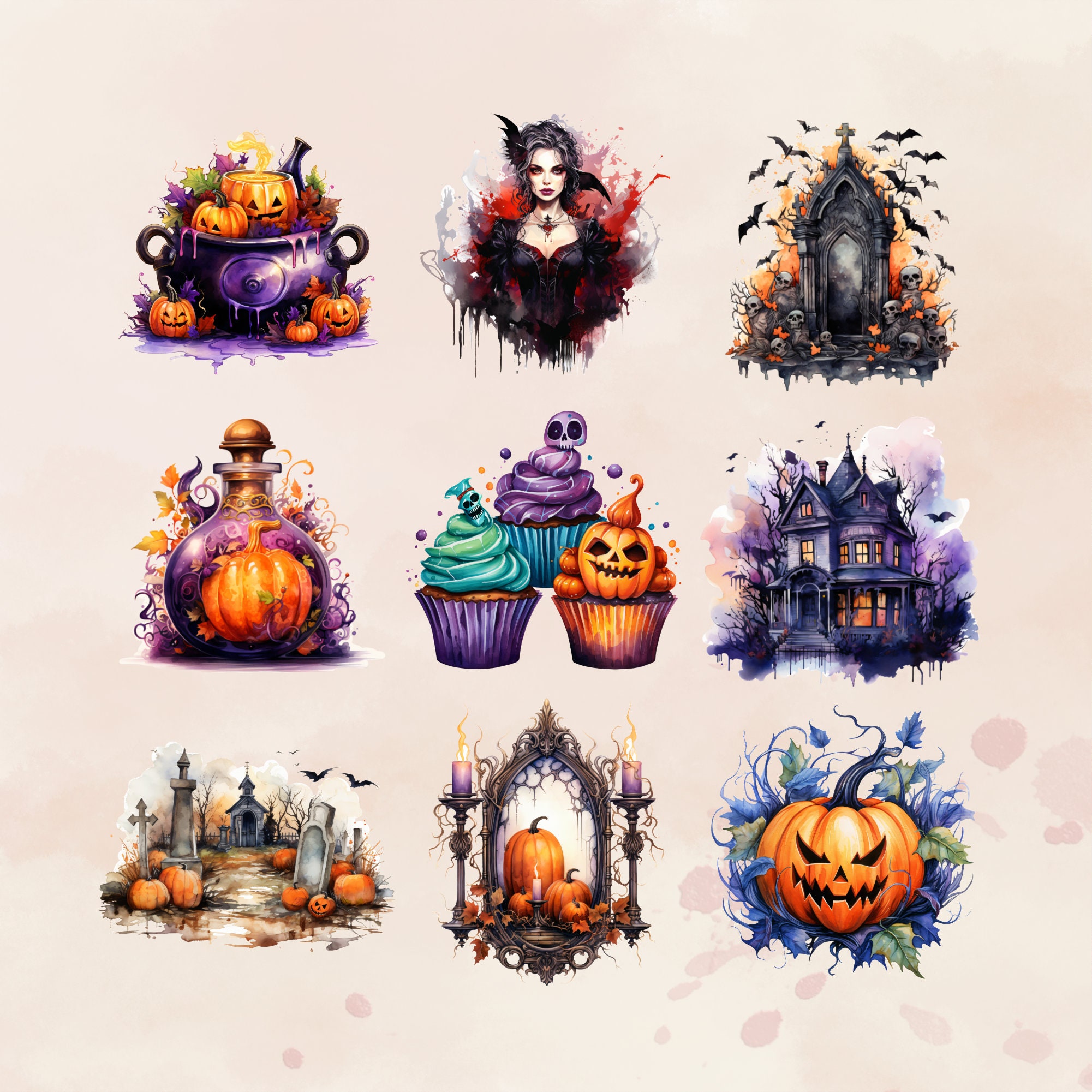 Watercolor Creepy Halloween Clipart Bundle Halloween Junk - Etsy