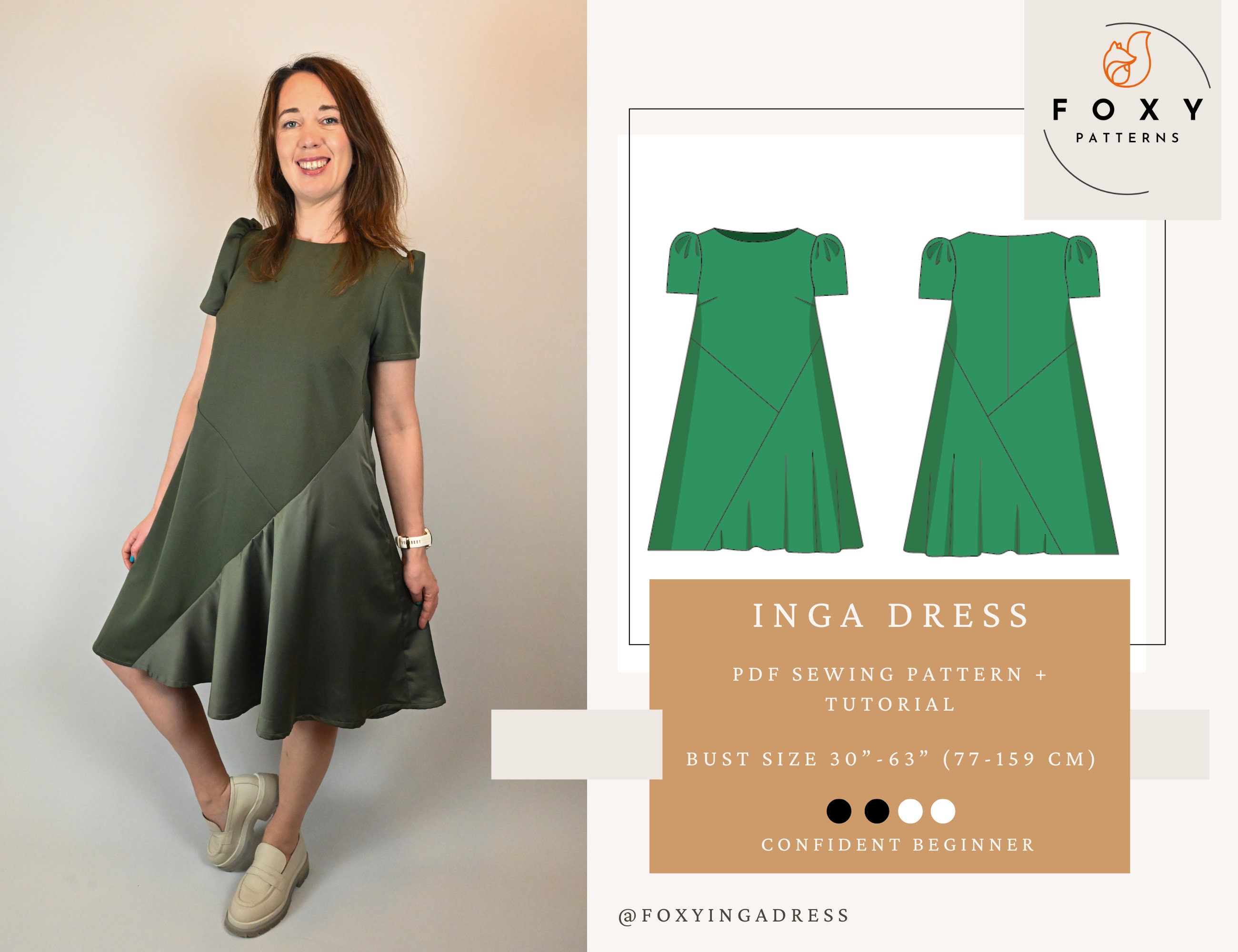 INGA DRESS - Digital Sewing Pattern - PDF Files With Illustrated Instructions - A Line Dress ...