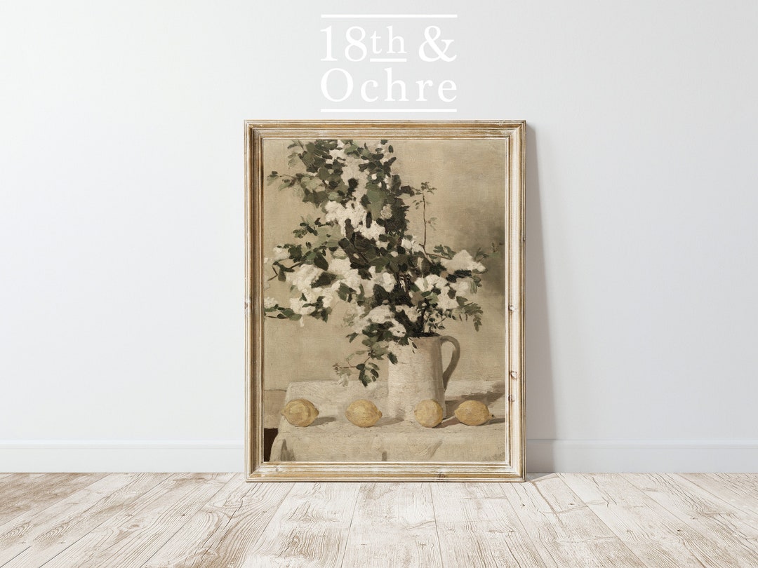 Neutral Still Life Oil Painting With Flowers and Lemons, Boho Farmhouse ...