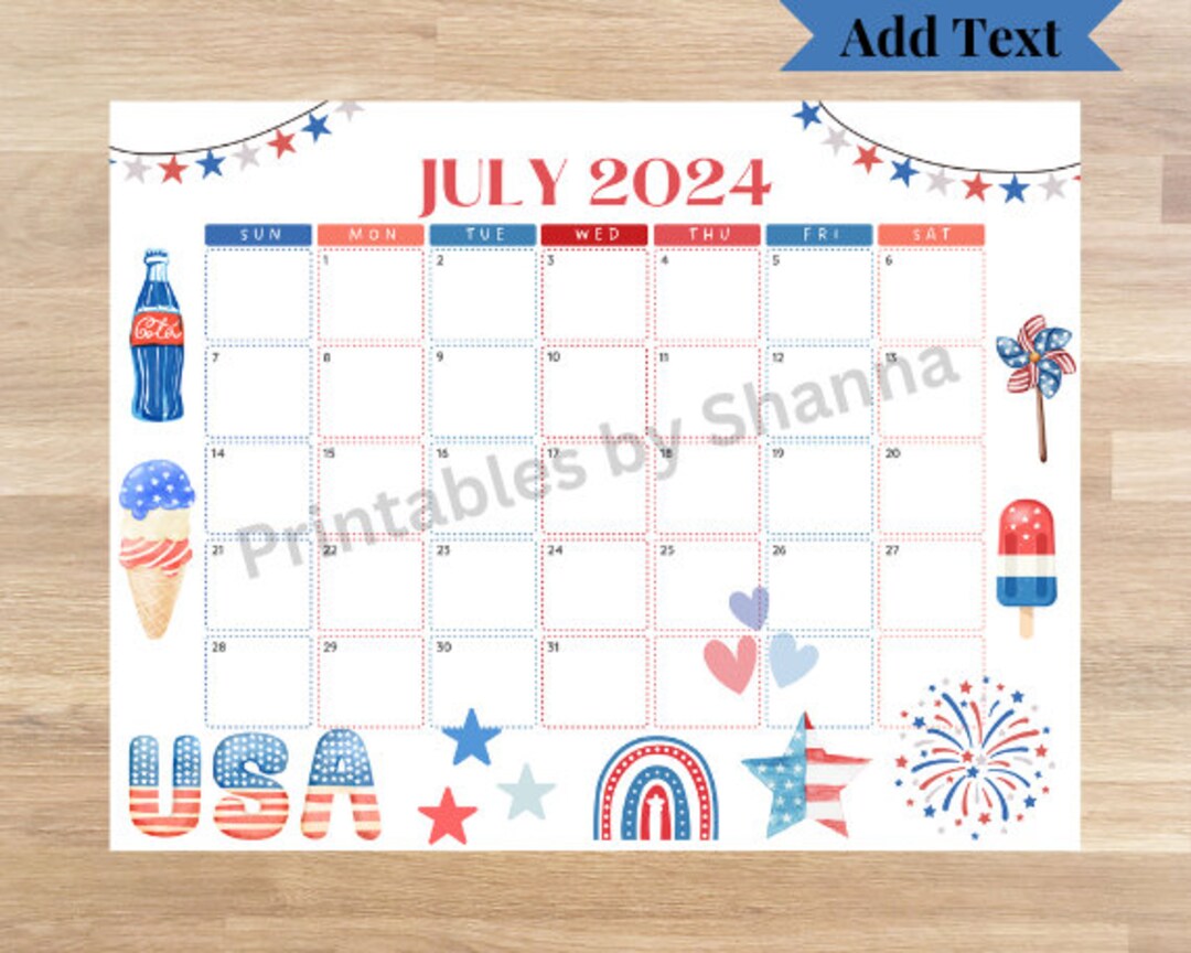 Editable July 2024 Calendar - Etsy Canada