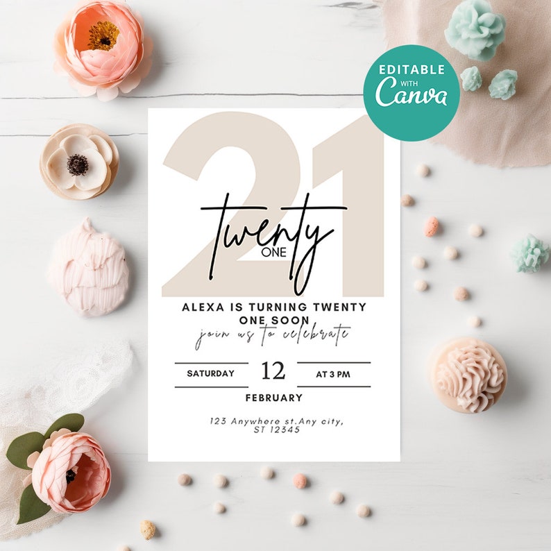 Modern 21st Birthday Invitation, Minimalist Twenty One Birthday ...