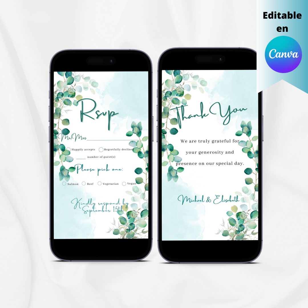 Teal Digital Thank You and Rsvp Card Template, Digital Wedding Rsvp and ...