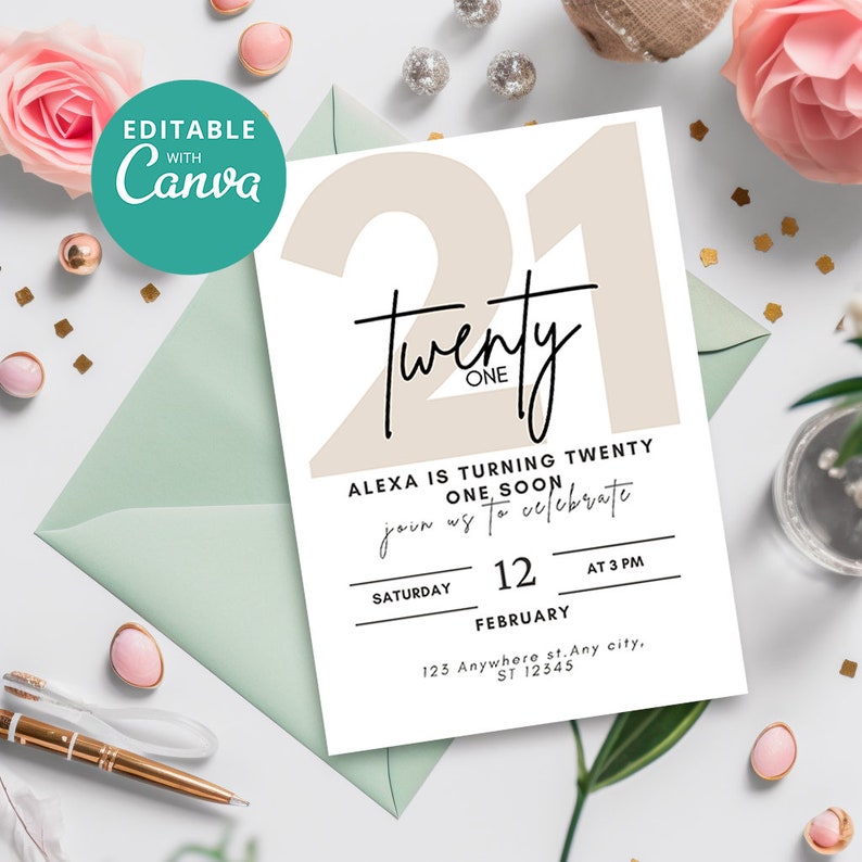 Modern 21st Birthday Invitation, Minimalist Twenty One Birthday ...